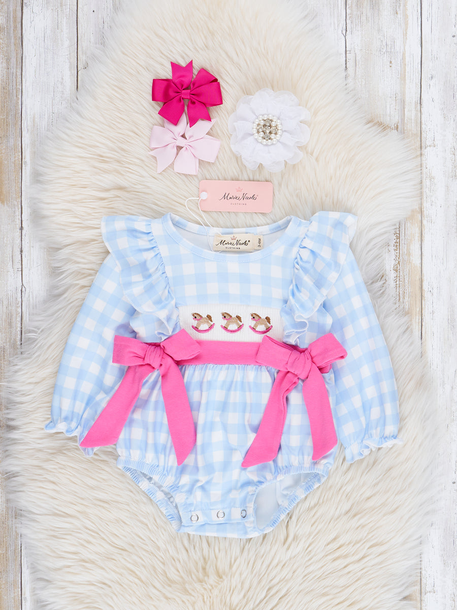 Light Blue Plaid Embroidered Rocking Horse Bubble – Marie Nicole Clothing