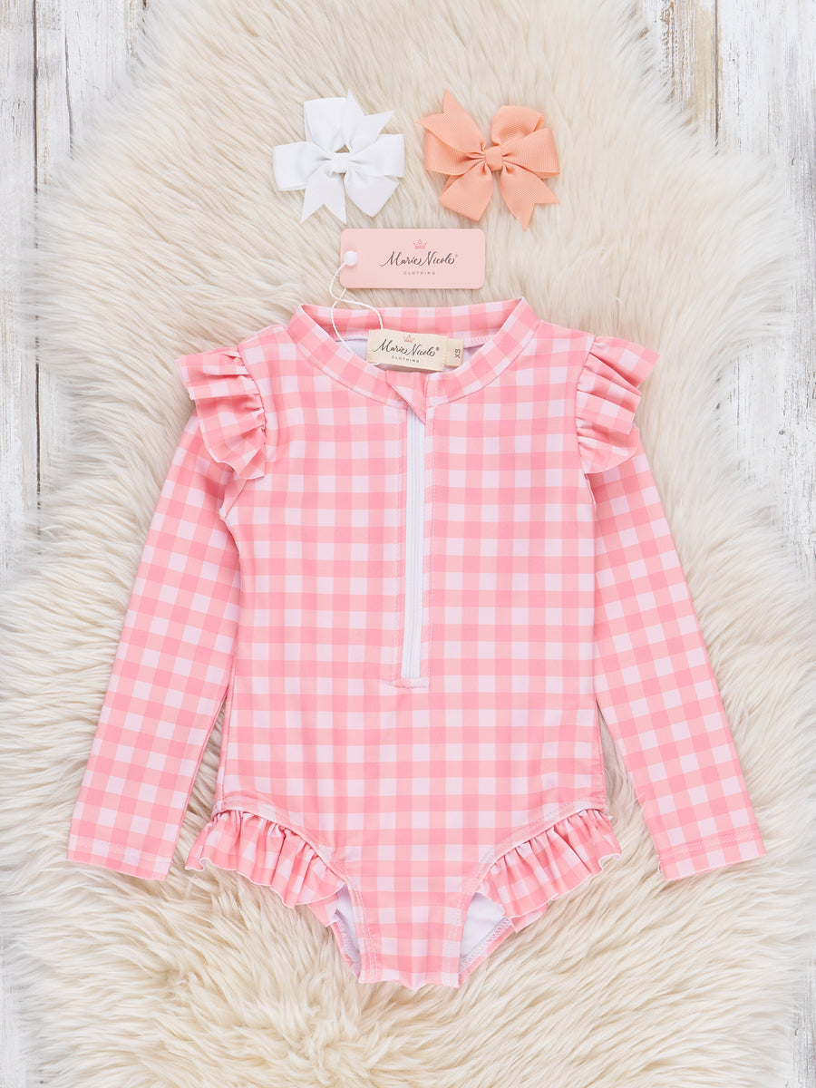 Gingham Zipper Rash Guard Swimsuit - Coral – Marie Nicole Clothing