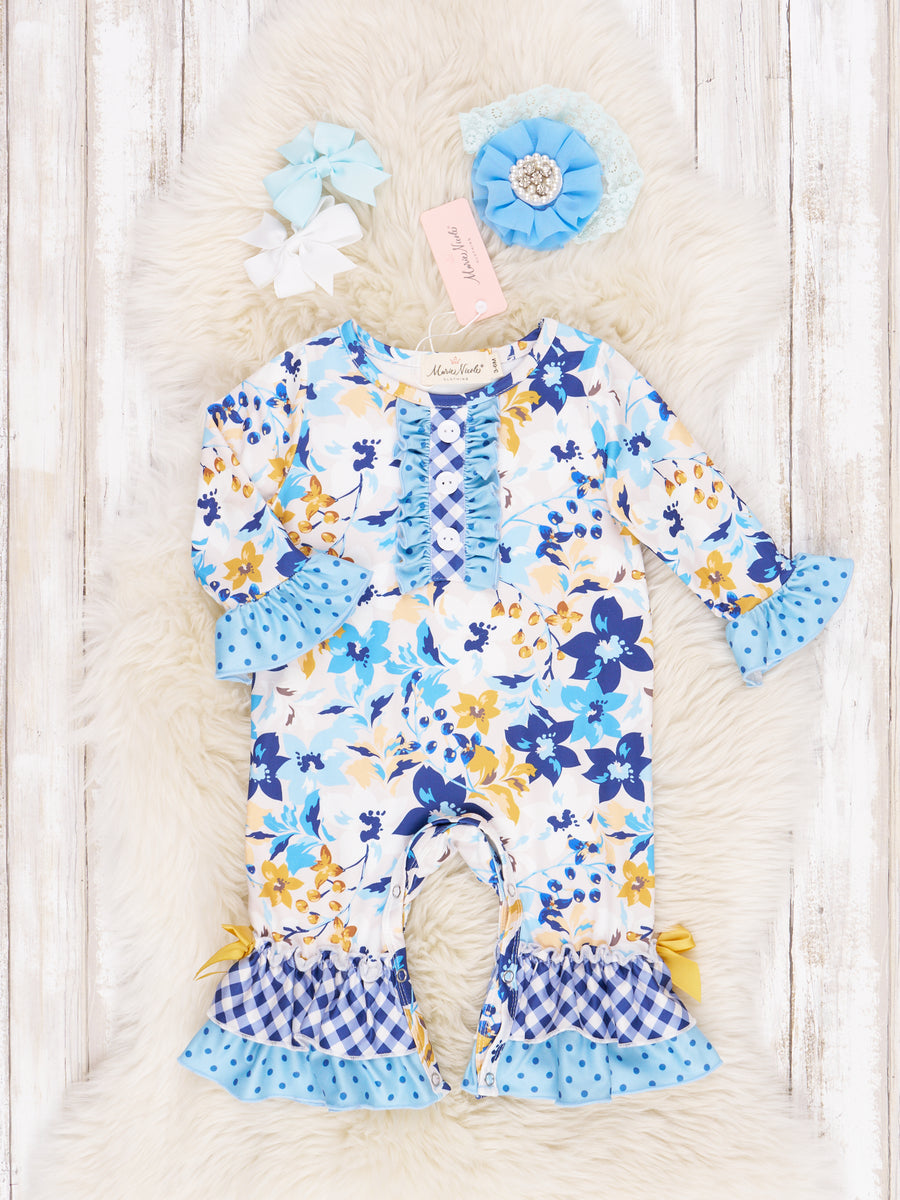 Blue Floral & Gingham Ruffle Romper – Marie Nicole Clothing