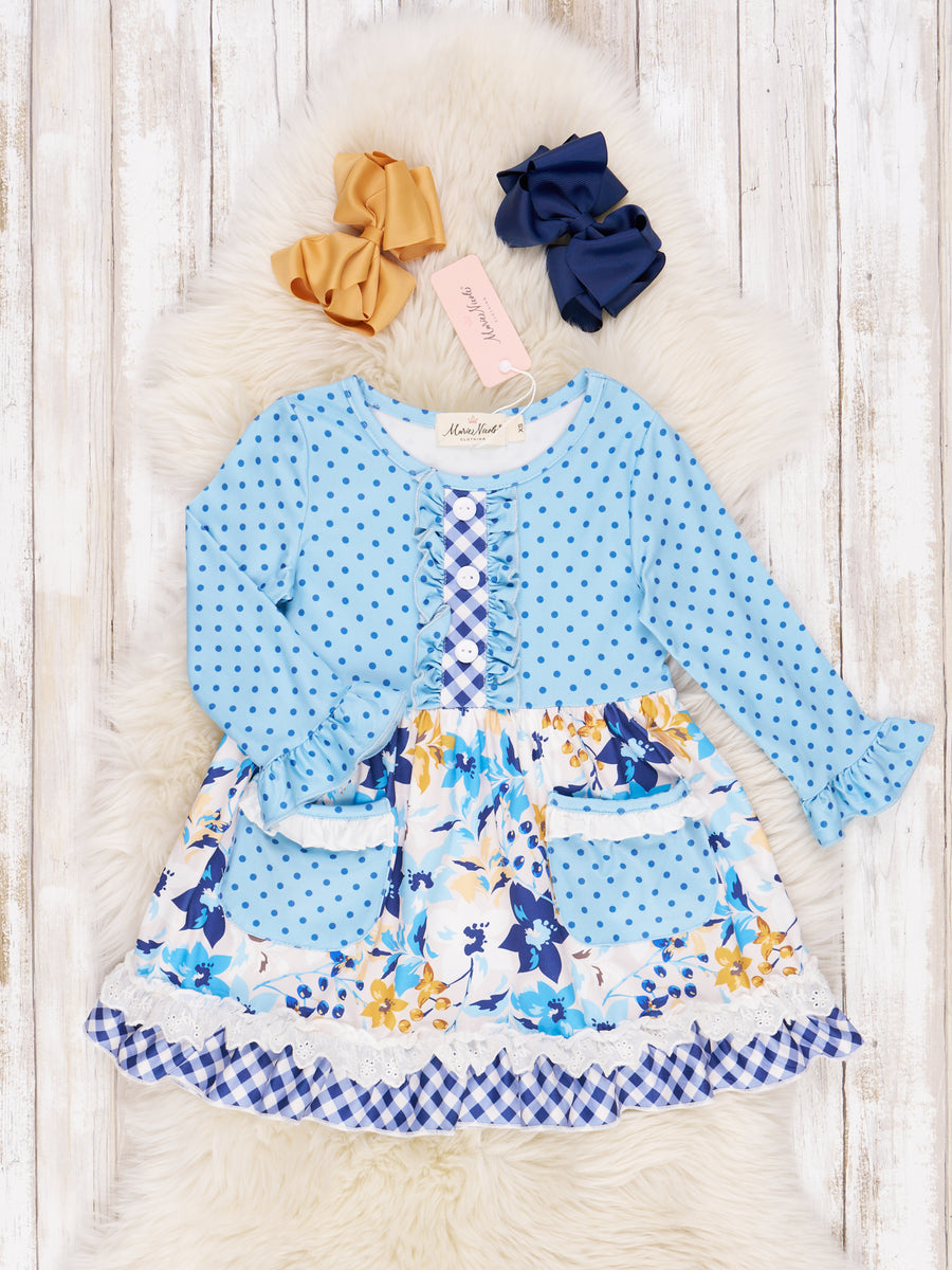 Blue Floral & Gingham Ruffle Dress – Marie Nicole Clothing