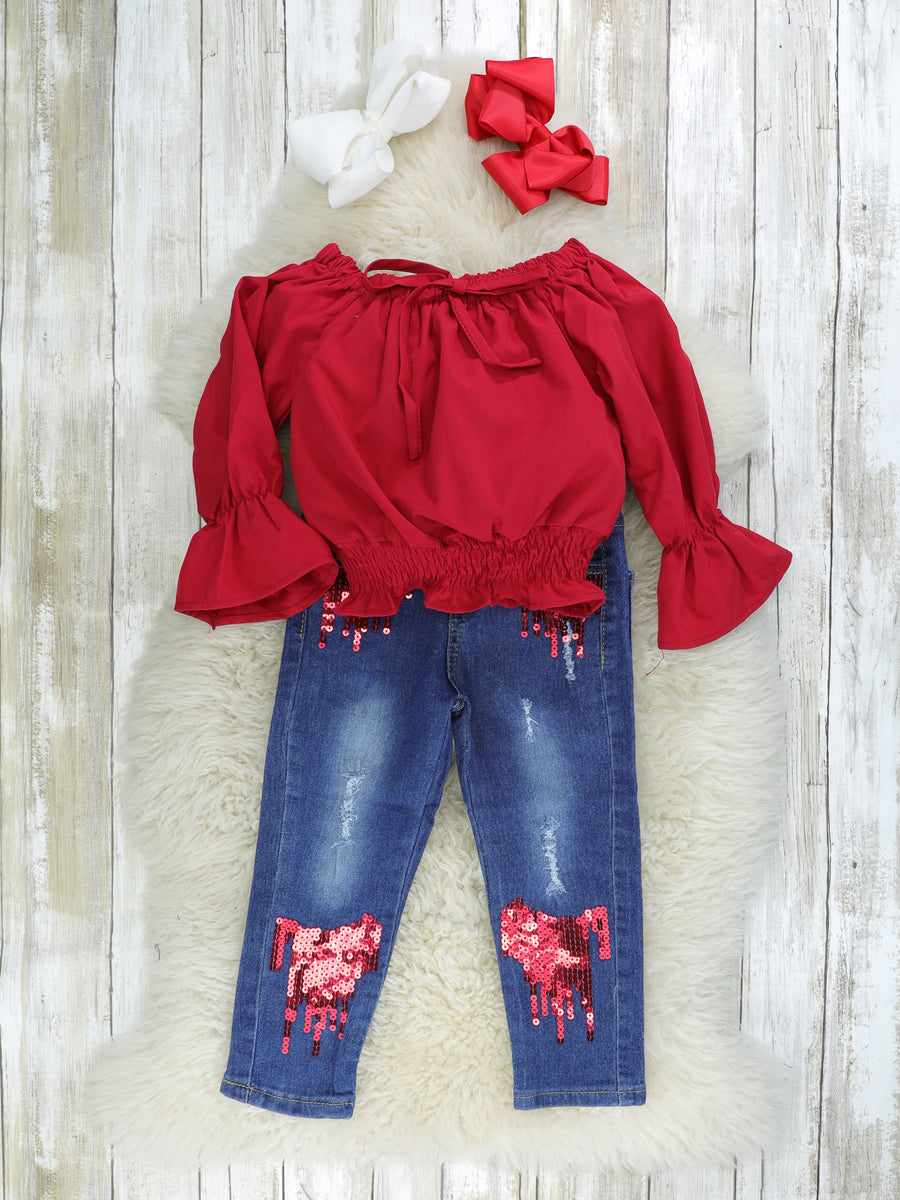 Crimson Denim Sequin Outfit – Marie Nicole Clothing