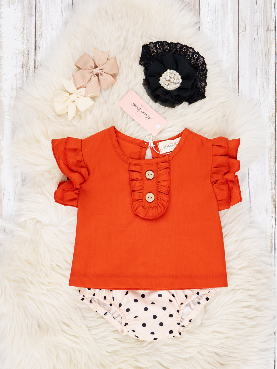 Burnt Orange Ruffle Top & Polka Dot Bloomers Outfit – Marie Nicole Clothing