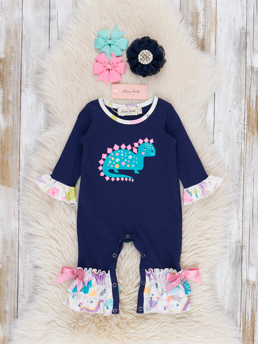 Navy & Teal Brontosaurus Ruffle Romper - Marie Nicole Clothing