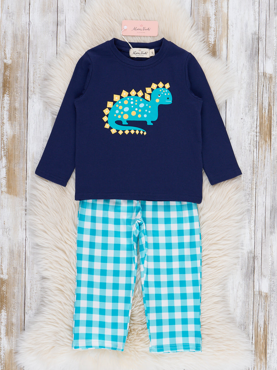 Navy & Teal Brontosaurus Plaid Outfit - Marie Nicole Clothing