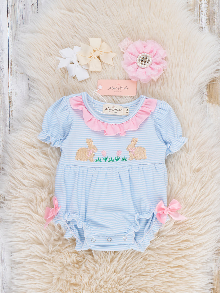Picnic Hop Embroidered Cotton Ruffle Bubble Romper – Marie Nicole Clothing