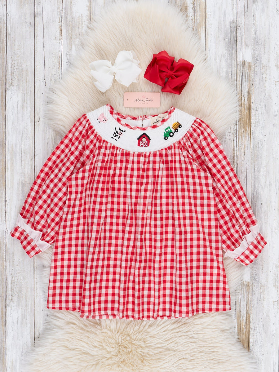 Smocked Embroidered Gingham Barnyard Dress – Marie Nicole Clothing