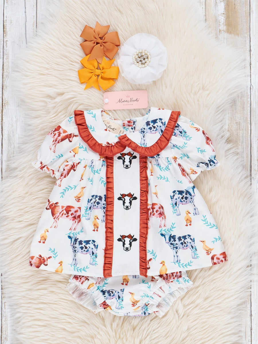 Cream & Bronze Embroidered Cow Ruffle Bloomer Outfit – Marie Nicole ...