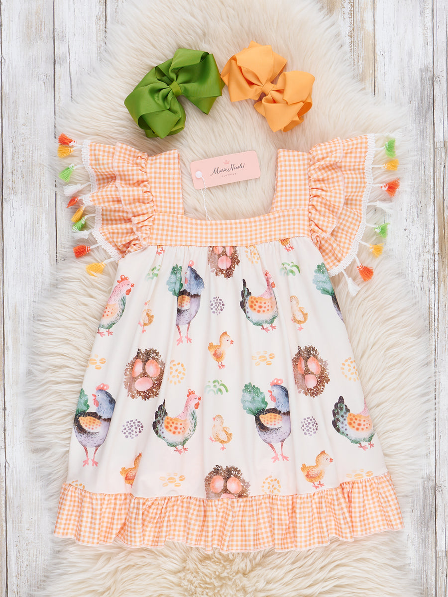 Chickens & Eggs Gingham Tassel Dress - Marie Nicole Clothing