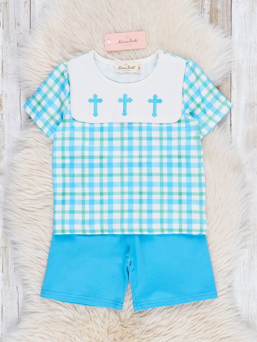 Blue Plaid Embroidered Crosses Outfit - Marie Nicole Clothing