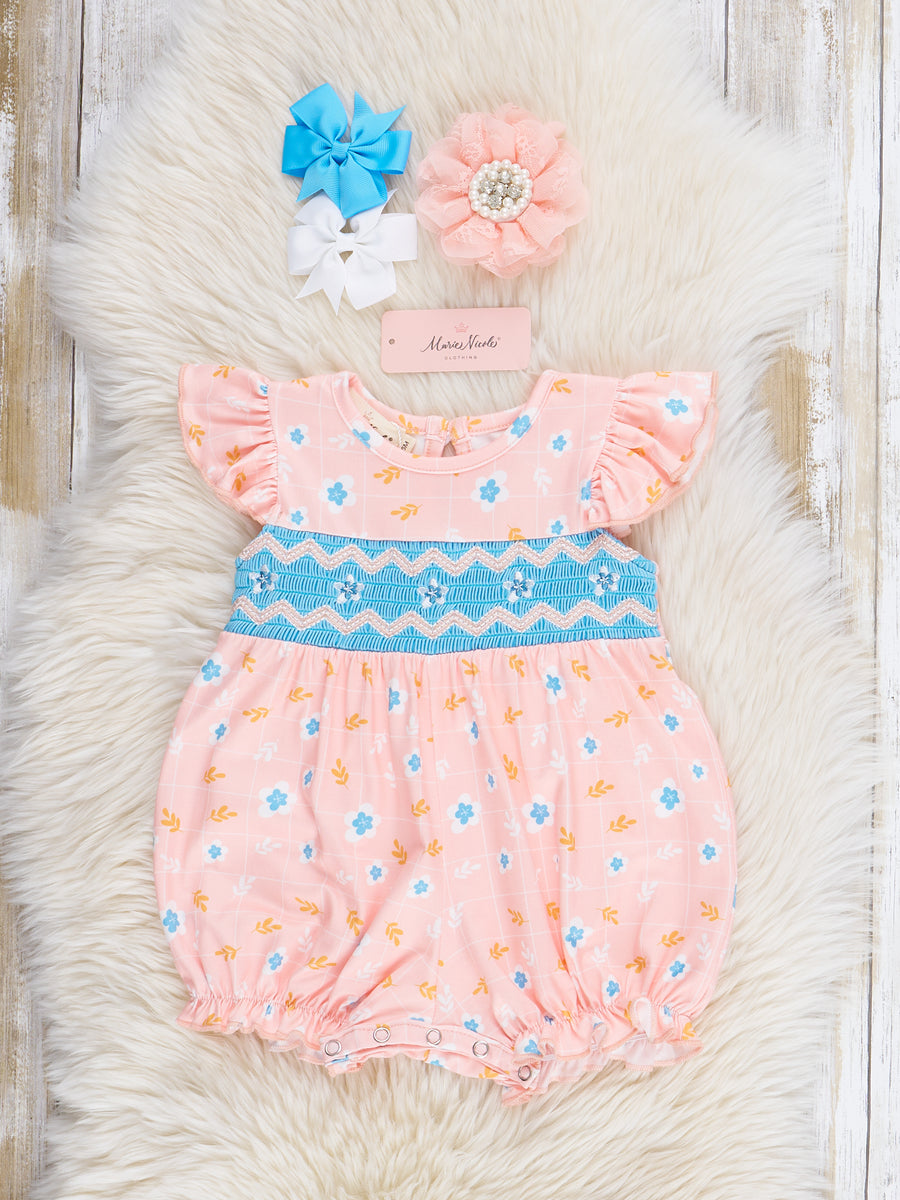 Peachy Blossoms Smocked Ruffle Romper – Marie Nicole Clothing