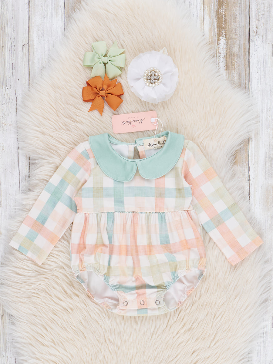 Peachy Mint Plaid Ruffle Bubble Romper - Marie Nicole Clothing