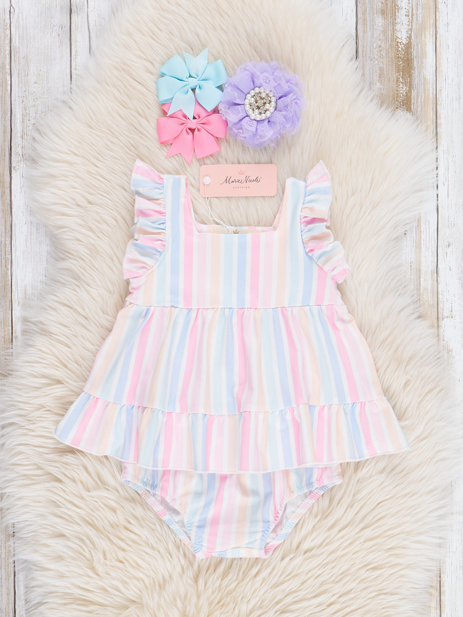 Pastel Striped Flutter Sleeve Top & Bloomers Set - Marie Nicole Clothing