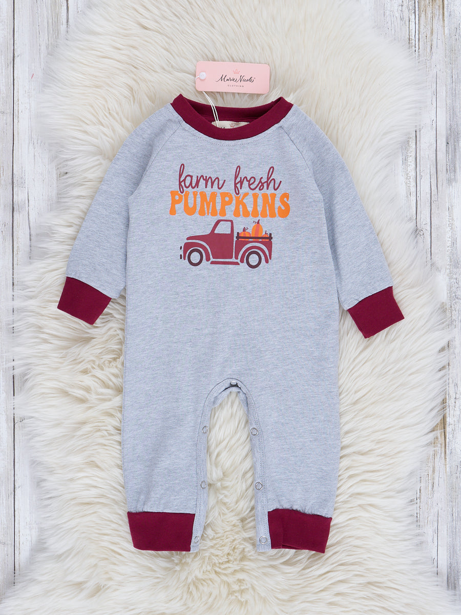 Grey & Maroon "Farm Fresh Pumpkins" Romper – Marie Nicole Clothing