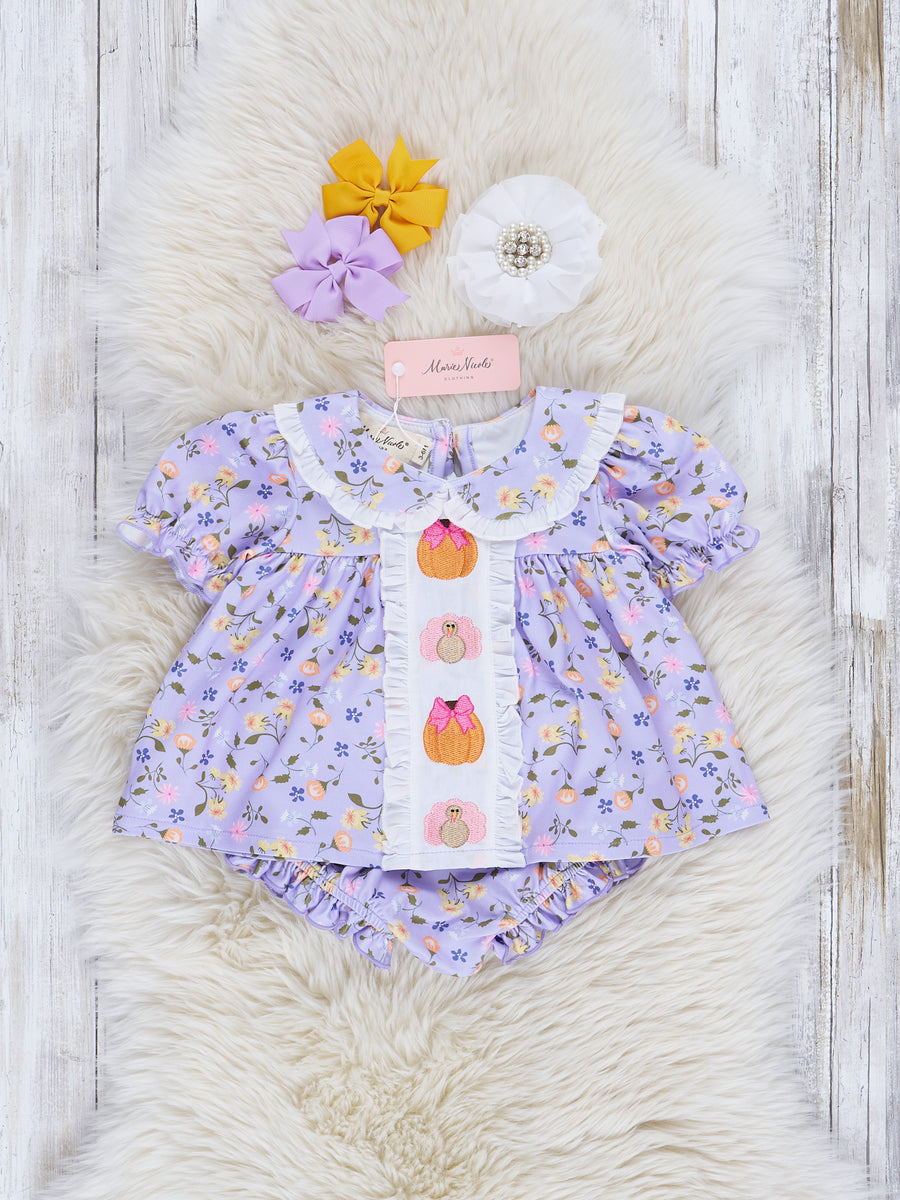 Lavender Gourds & Blooms Ruffle Bloomer Outfit – Marie Nicole Clothing