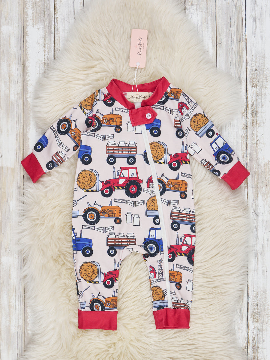 Red & Blue Tractor Sleeper Pajamas - Marie Nicole Clothing