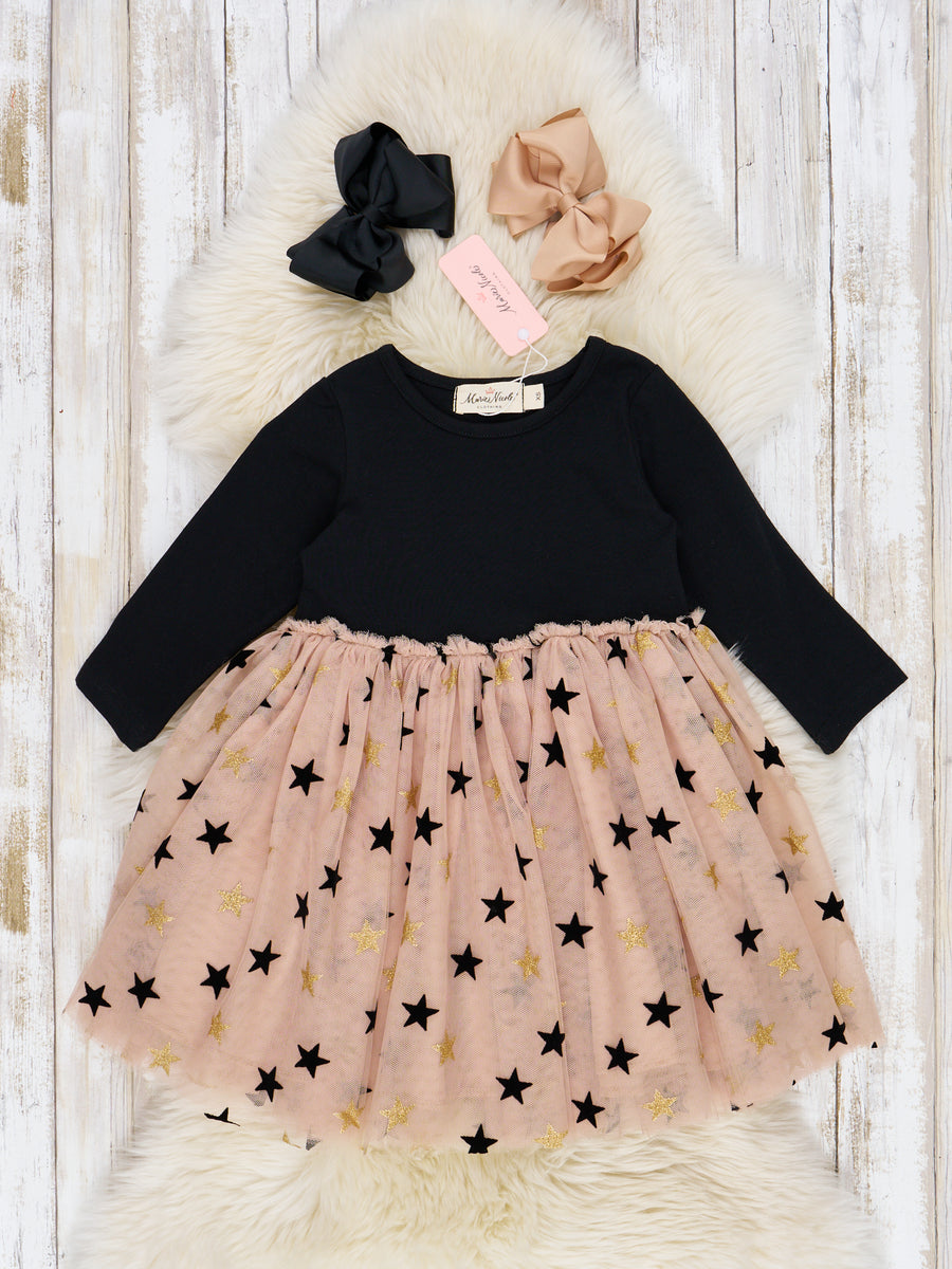 Tan & Black Starry Tulle Dress – Marie Nicole Clothing