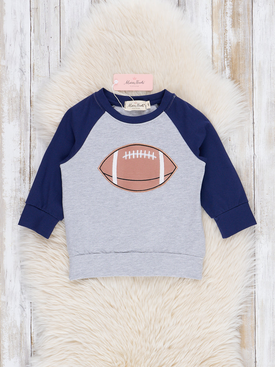 Blue Raglan Embroidered Football Shirt – Marie Nicole Clothing
