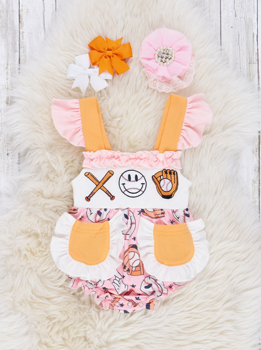 Pink & Butterscotch Baseball Ruffle Bubble – Marie Nicole Clothing