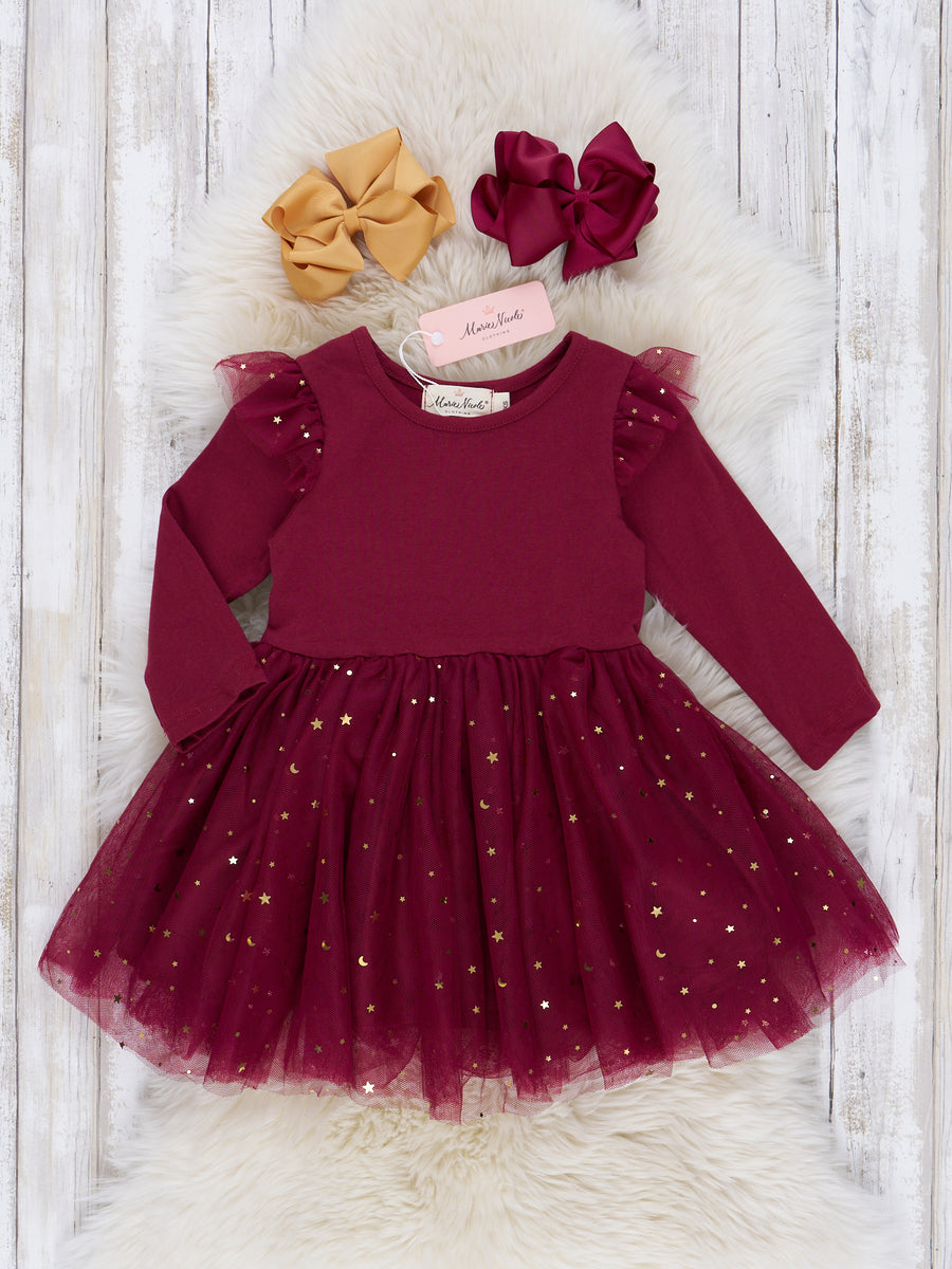 Merlot Long Sleeve Ruffle Tulle Dress – Marie Nicole Clothing