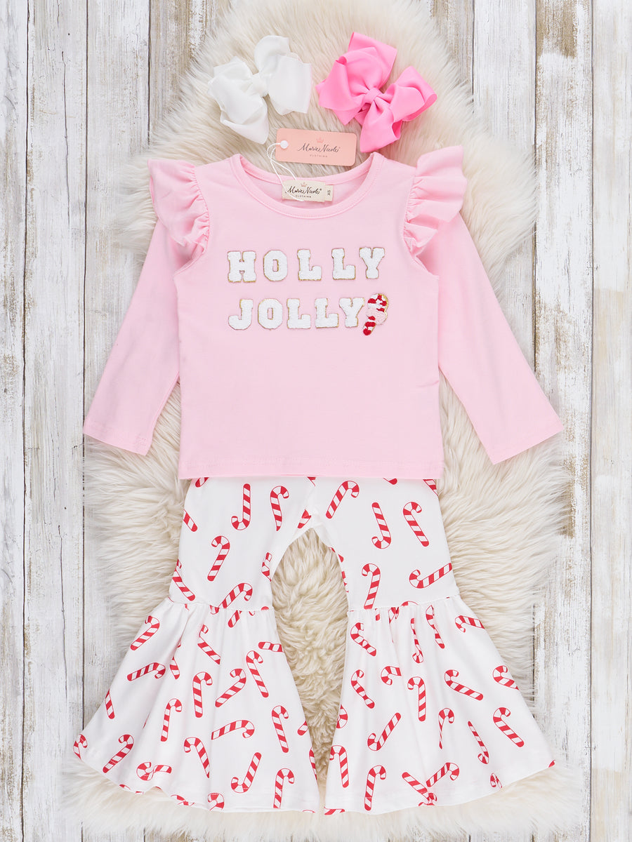 "Holly Jolly" Candy Cane Ruffle Bell Bottom Outfit - Marie Nicole Clothing