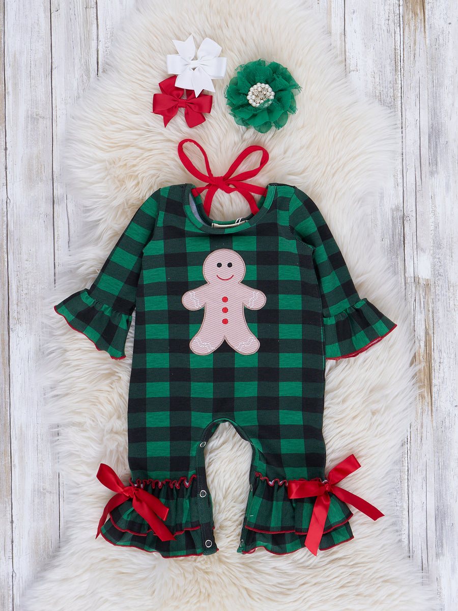 Green Buffalo Plaid Embroidered Gingerbread Ruffle Romper – Marie ...