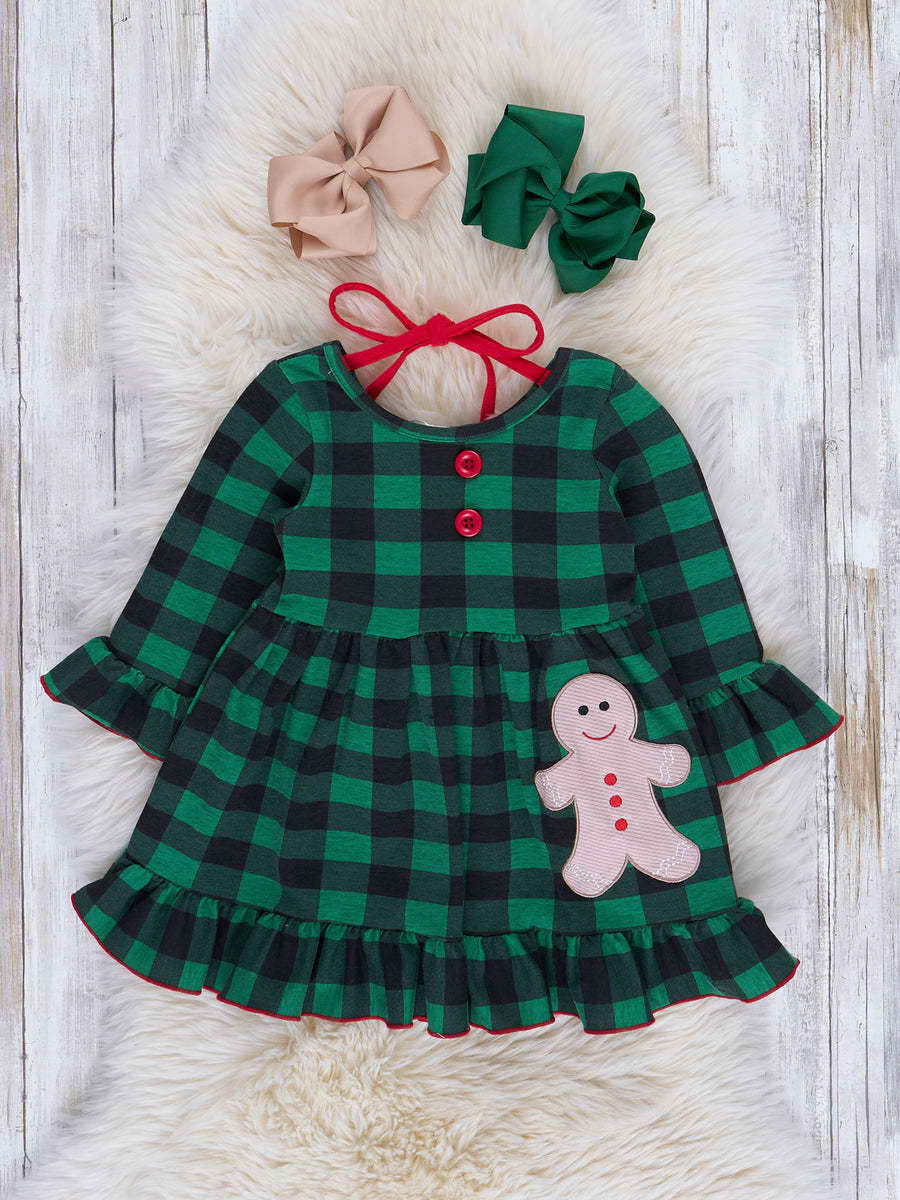 Green Buffalo Plaid Embroidered Gingerbread Ruffle Dress - Marie Nicole ...