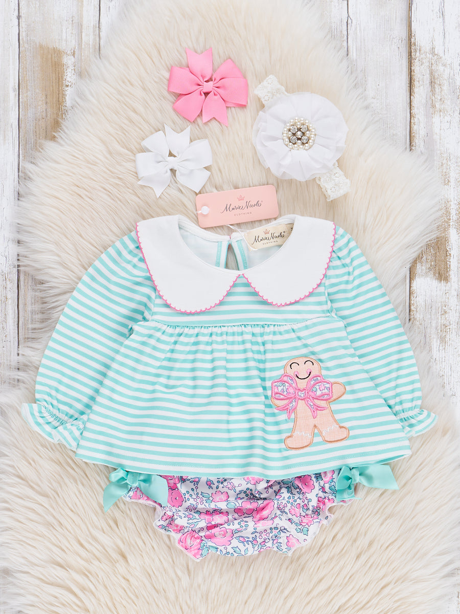 Mint Embroidered Gingerbread Striped Bloomers Outfit – Marie Nicole ...