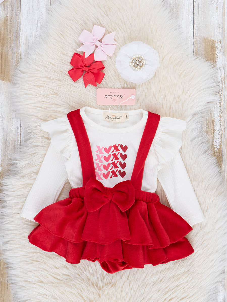 Red Velvet Falling Hearts Bubble Overalls Set – Marie Nicole Clothing