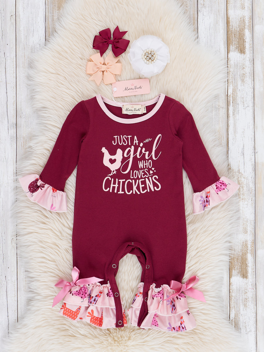 Maroon Chicken Girl Ruffle Romper – Marie Nicole Clothing