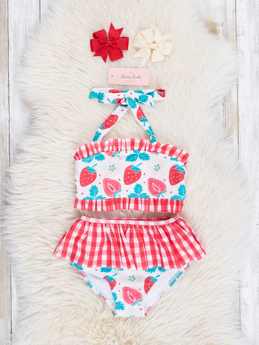 Strawberry Gingham Two-Piece Ruffle Swimsuit – Marie Nicole Clothing