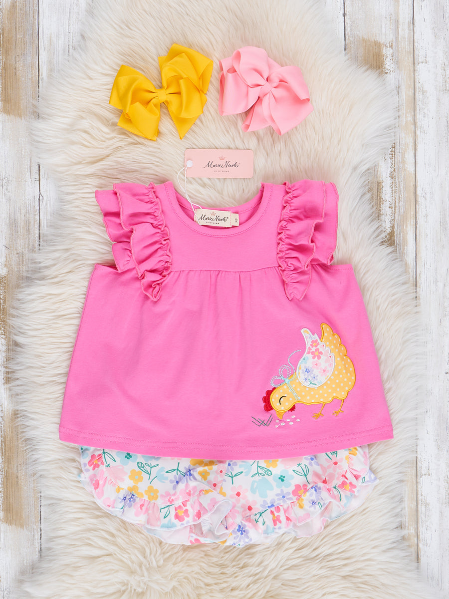 Pink & Yellow Embroidered Pecking Hen Outfit – Marie Nicole Clothing