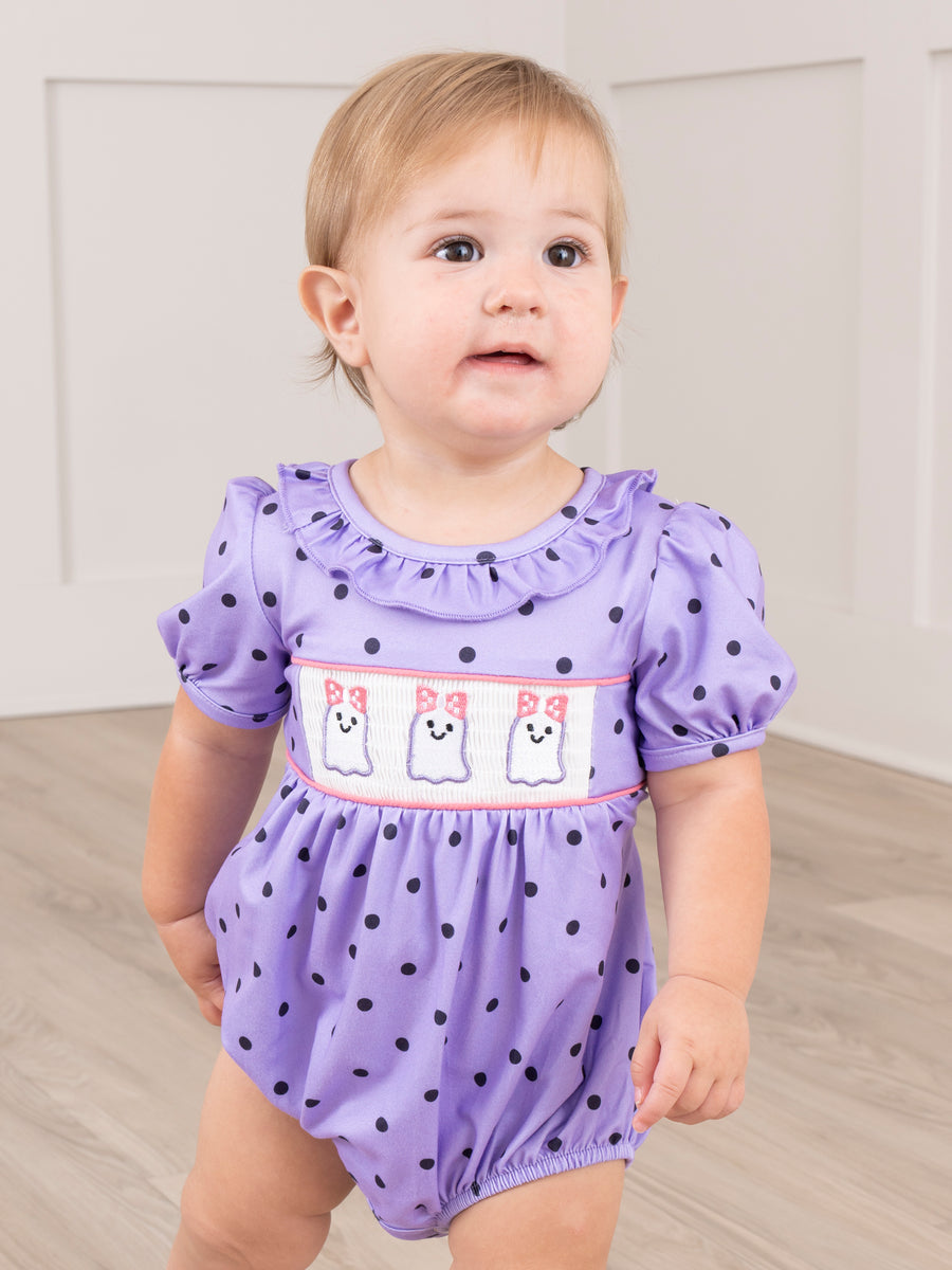Purple Dots Smocked Ghosts Ruffle Bubble – Marie Nicole Clothing