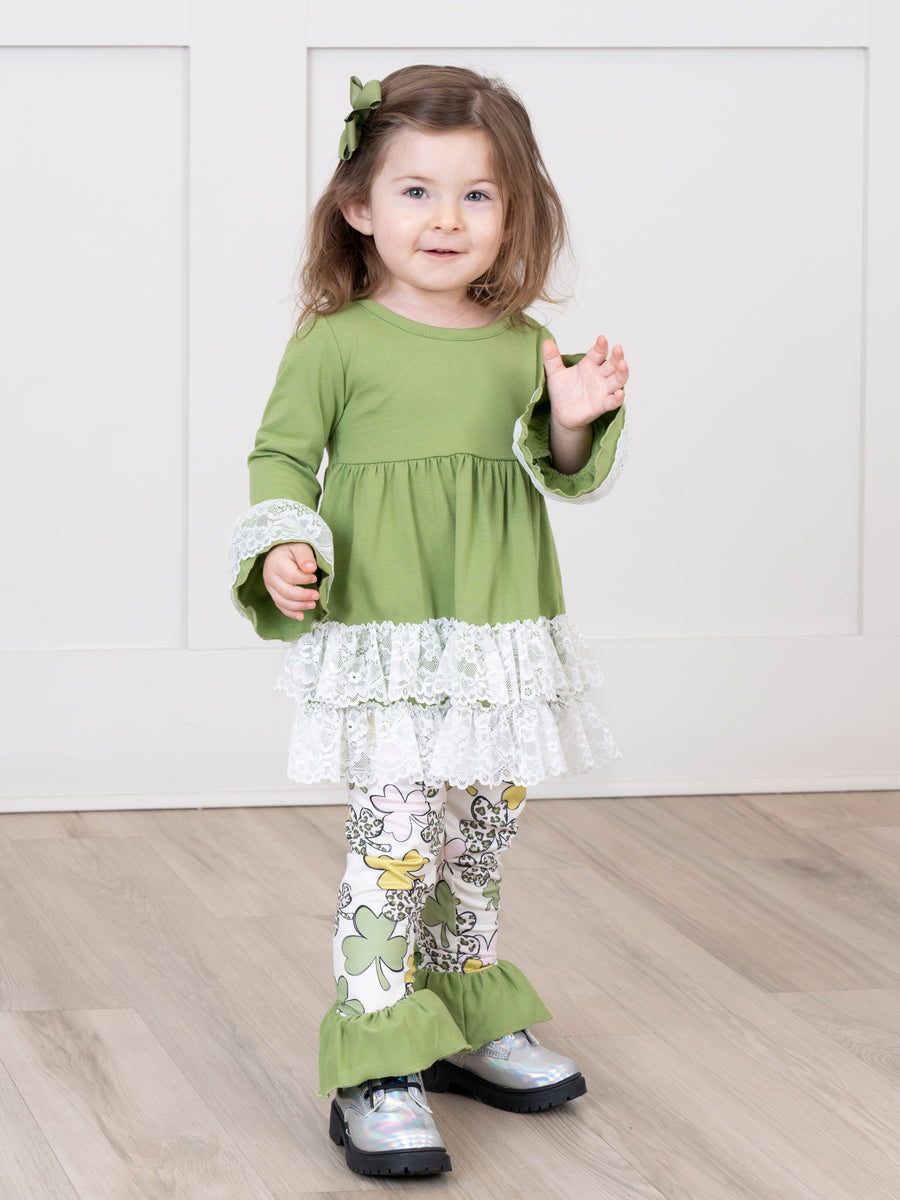 Lucky Pink & Green Clovers Lacy Ruffle Outfit – Marie Nicole Clothing