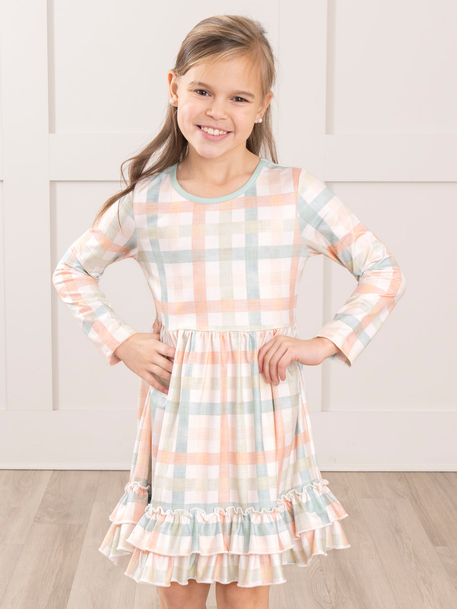 Peachy Mint Plaid Ruffle Dress - Marie Nicole Clothing
