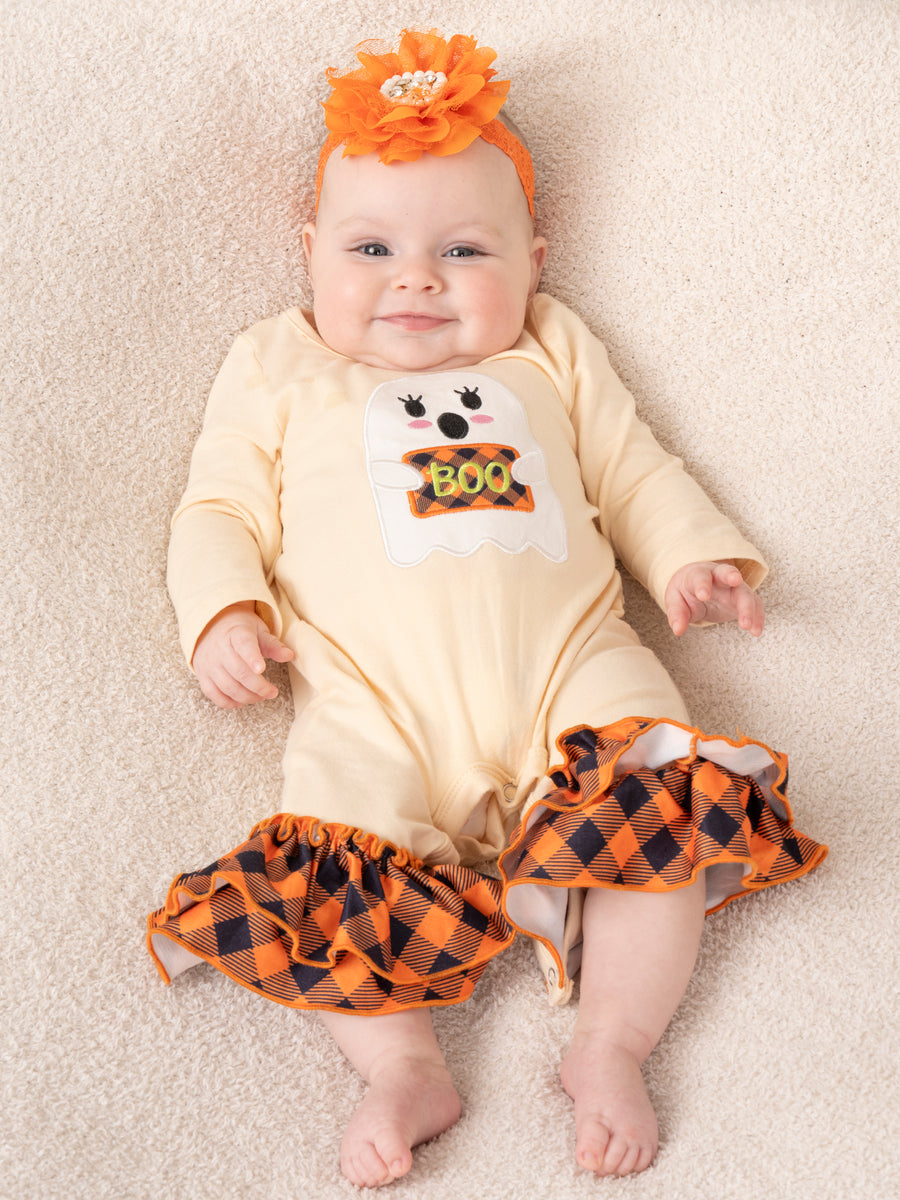 Orange Cream & Black Plaid Ghost Ruffle Romper – Marie Nicole Clothing