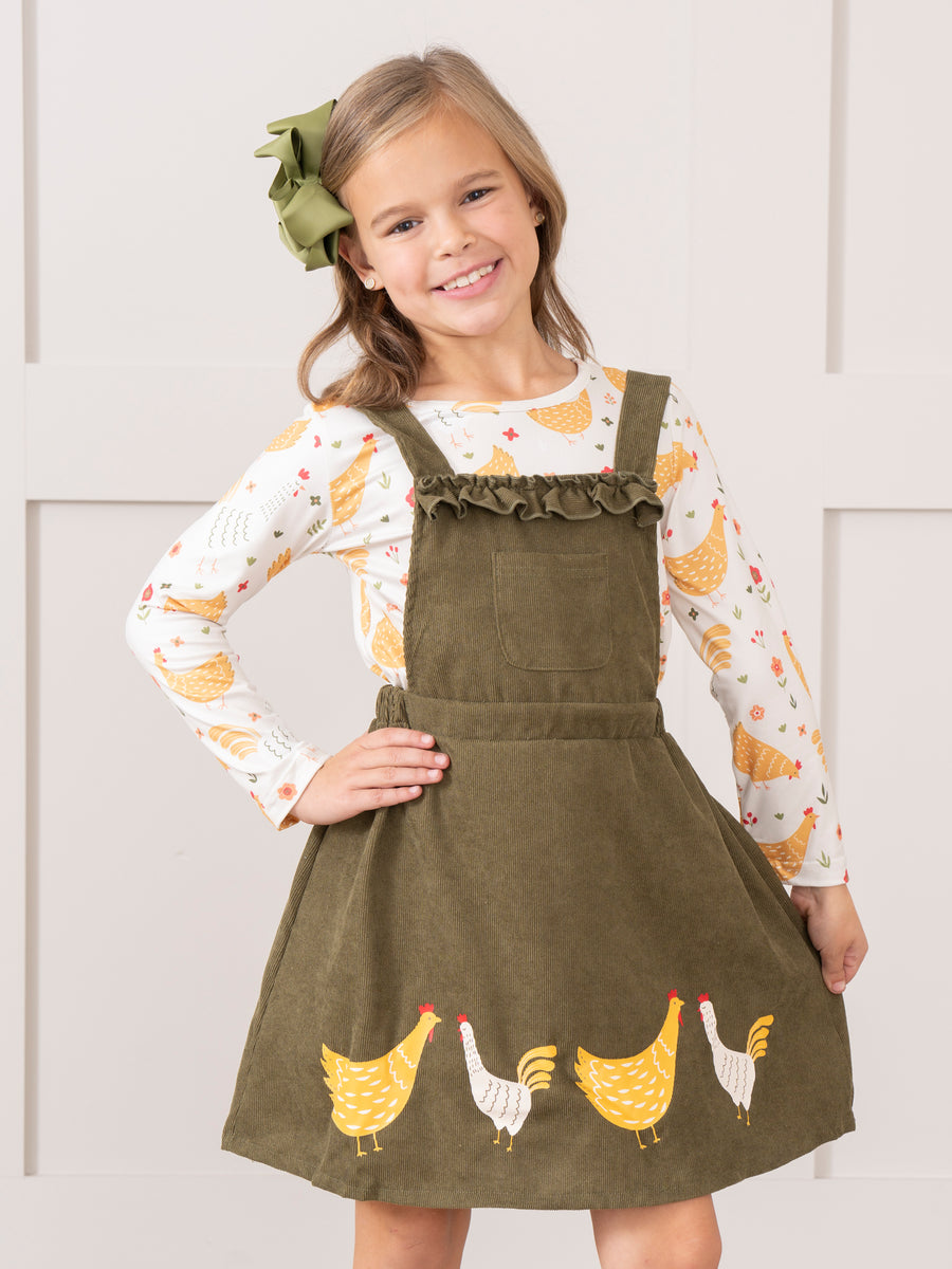 Olive Corduroy Chickens Skirtall Set - Marie Nicole Clothing