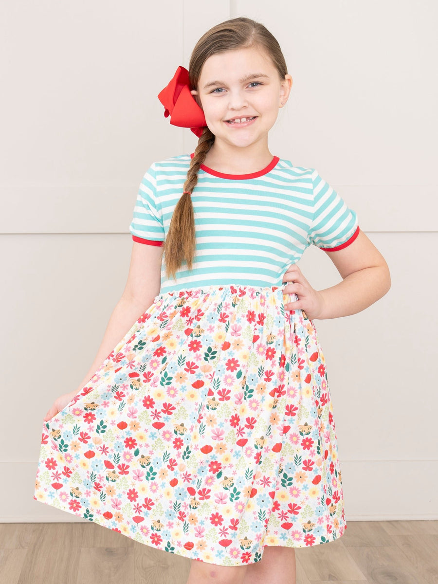 Ringer Striped Florals Dress - Red & Teal – Marie Nicole Clothing