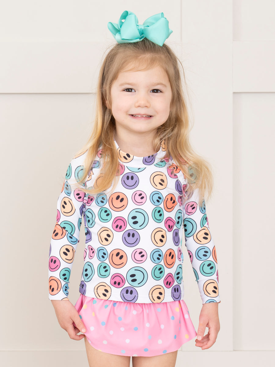 Smiley Rash Guard & Ruffle Bottoms Swimsuit – Marie Nicole Clothing
