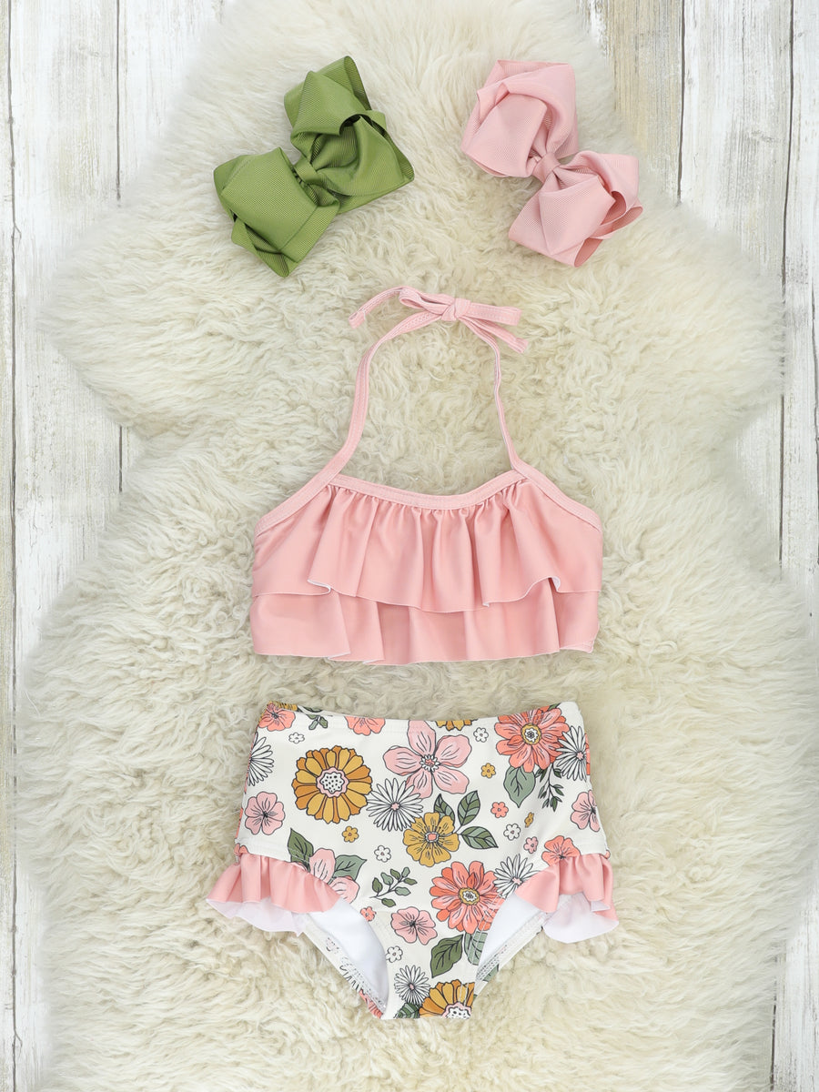 Mauve Floral Two-Piece Ruffle Swimsuit – Marie Nicole Clothing