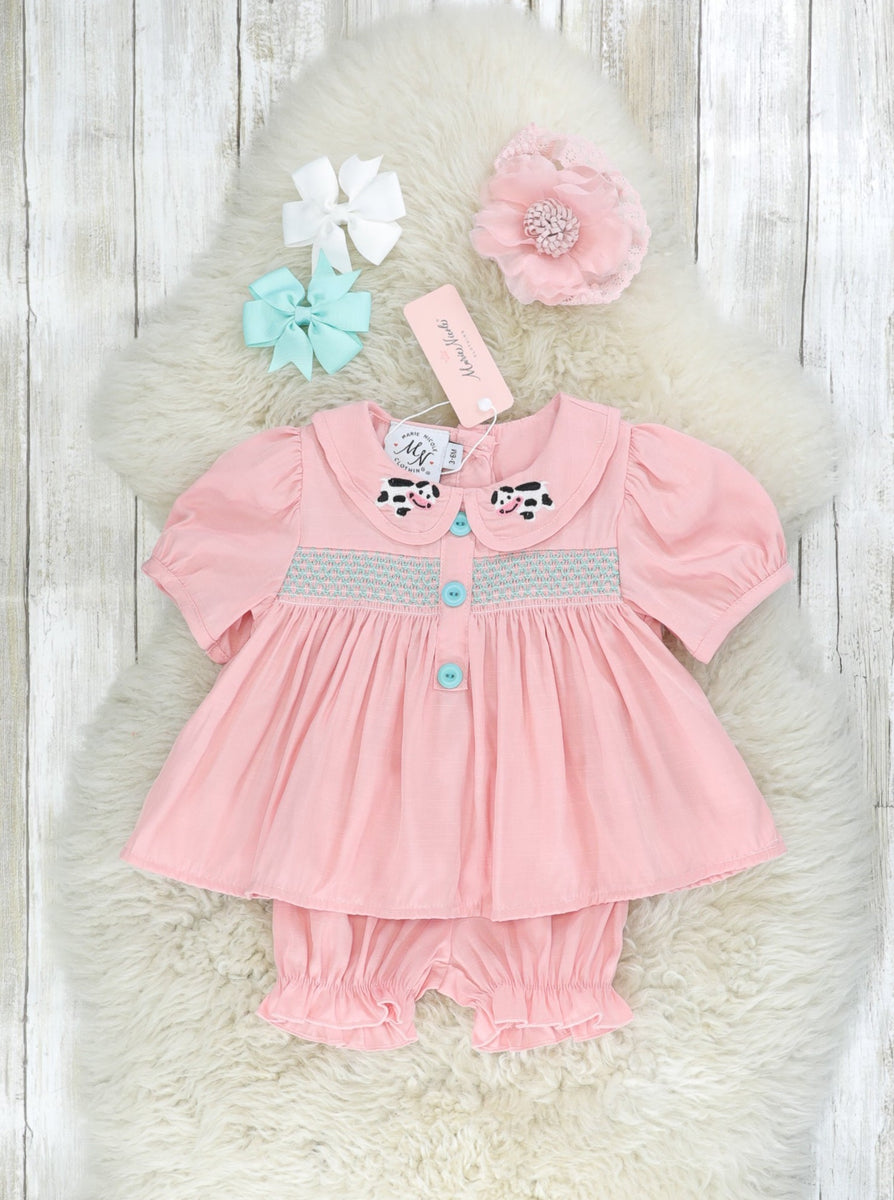 Pink Smocked Vintage Cow Top & Bloomers Set – Marie Nicole Clothing