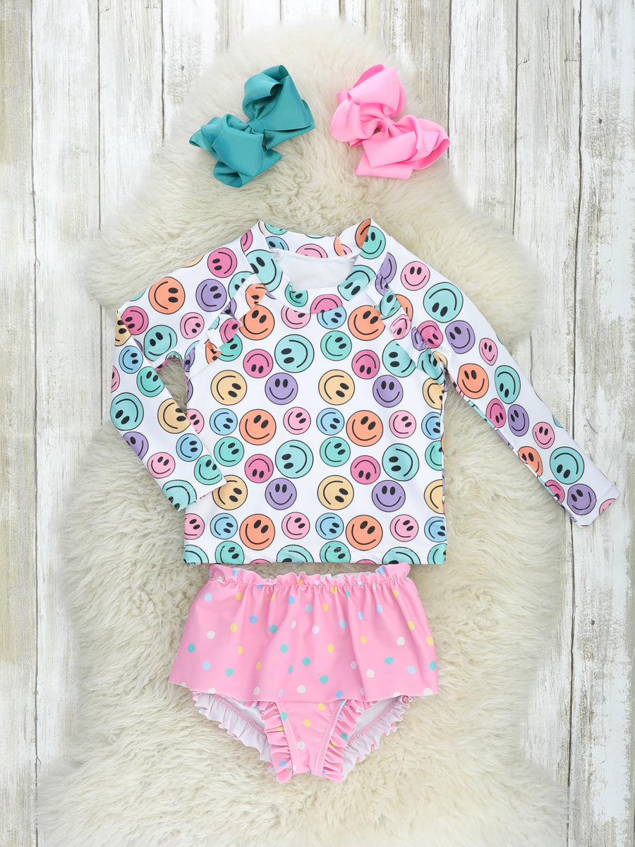 Smiley Rash Guard & Ruffle Bottoms Swimsuit – Marie Nicole Clothing