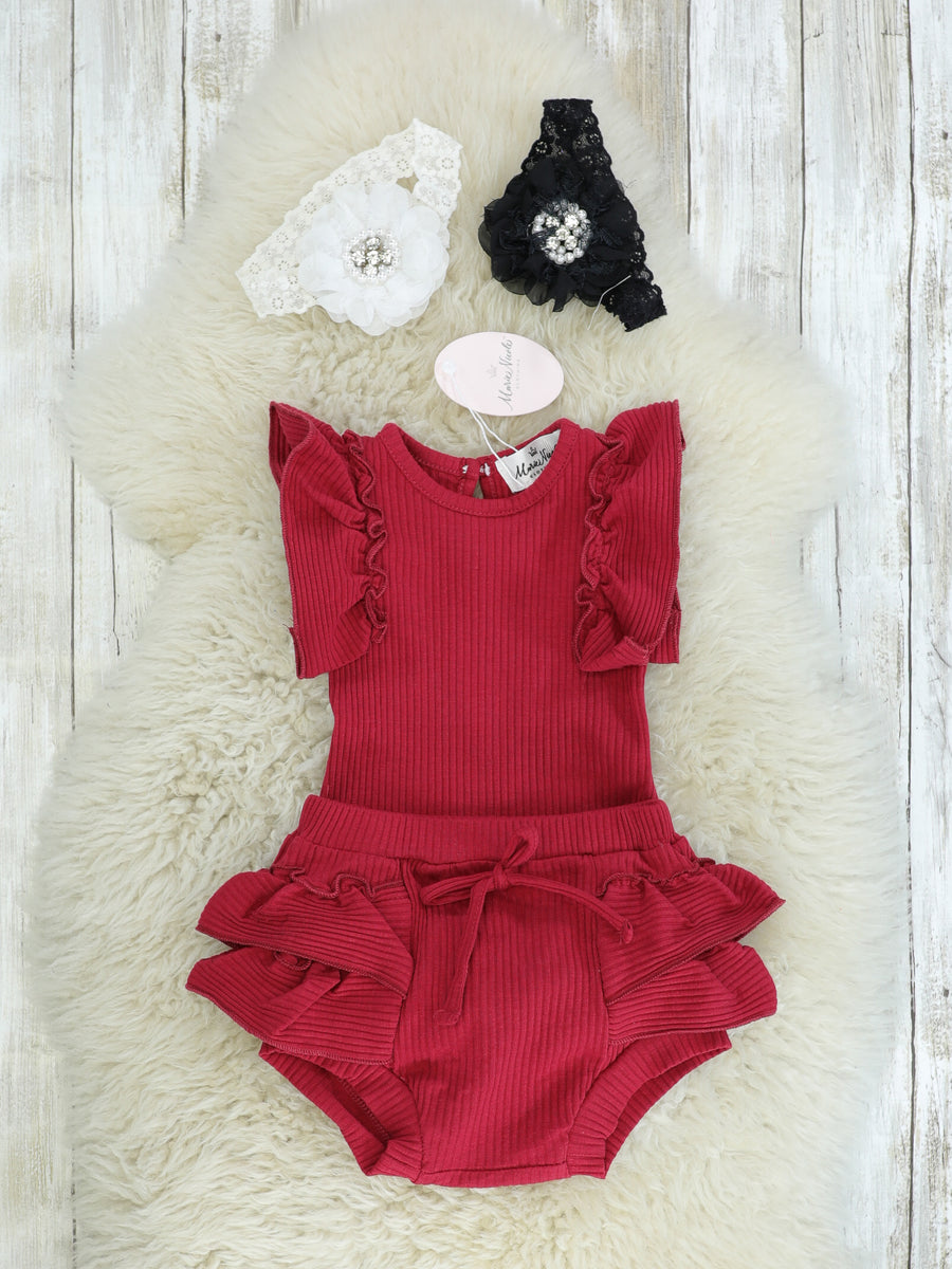 Burgundy Ruffle Top & Bloomer Set – Marie Nicole Clothing